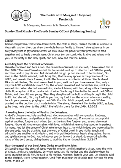Mothering Sunday Service Sheet – St Margaret's Church Prestwich